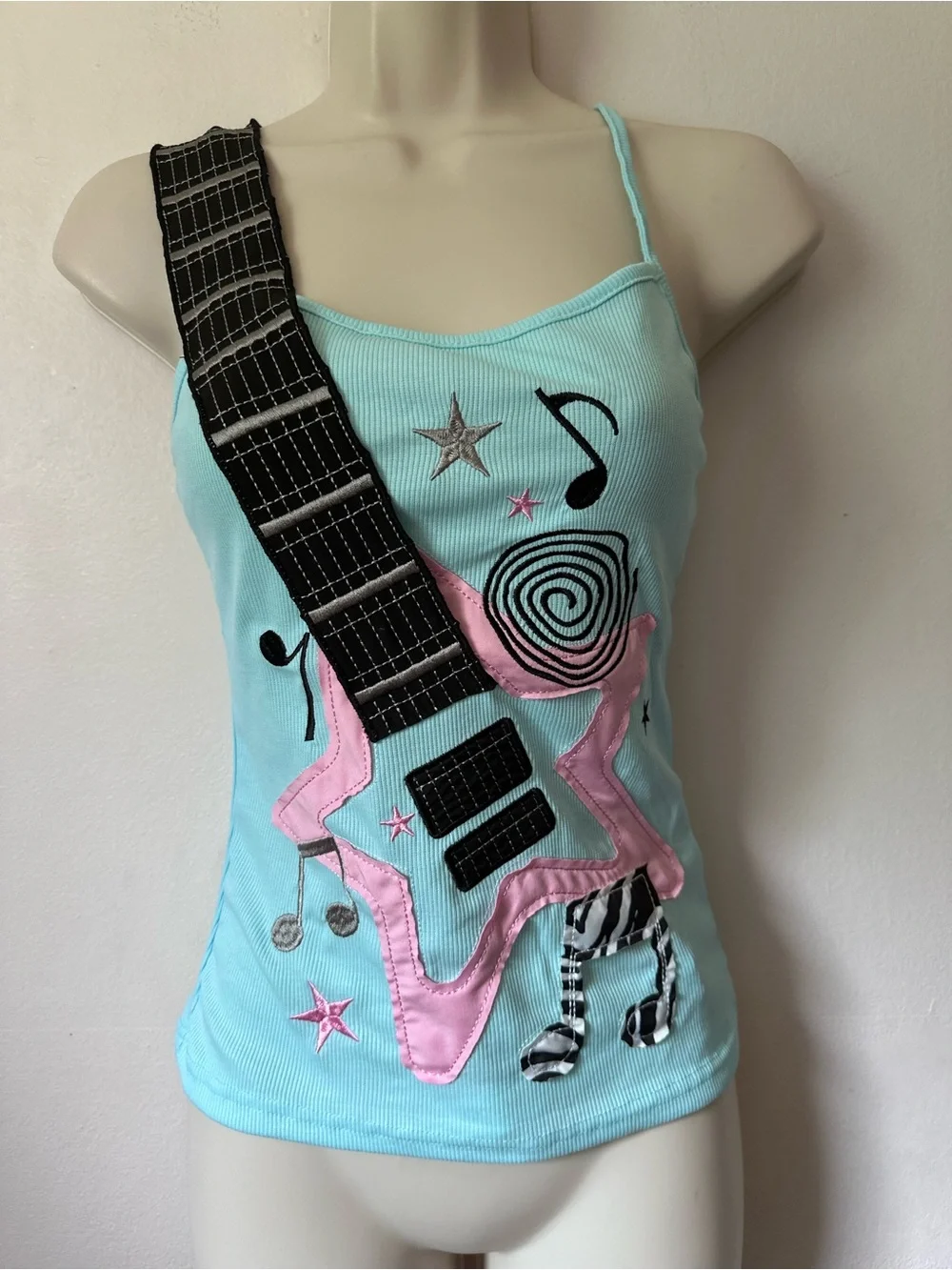 Tops | Light Blue Graphic Guitar Tank Top With Pink Accents | Poshmark